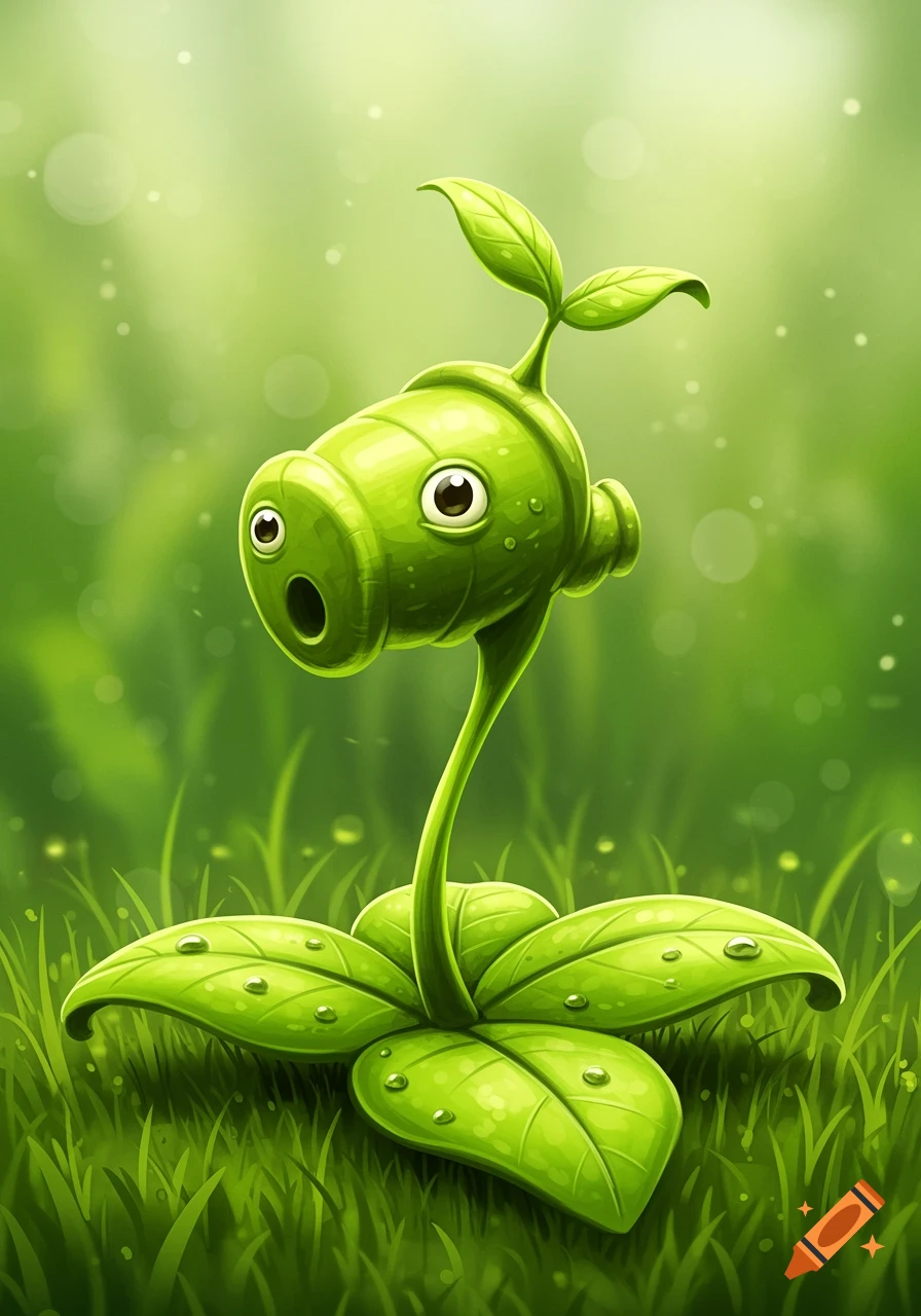 A cute, green cartoon peashooter plant with big pink eyes, standing in ...