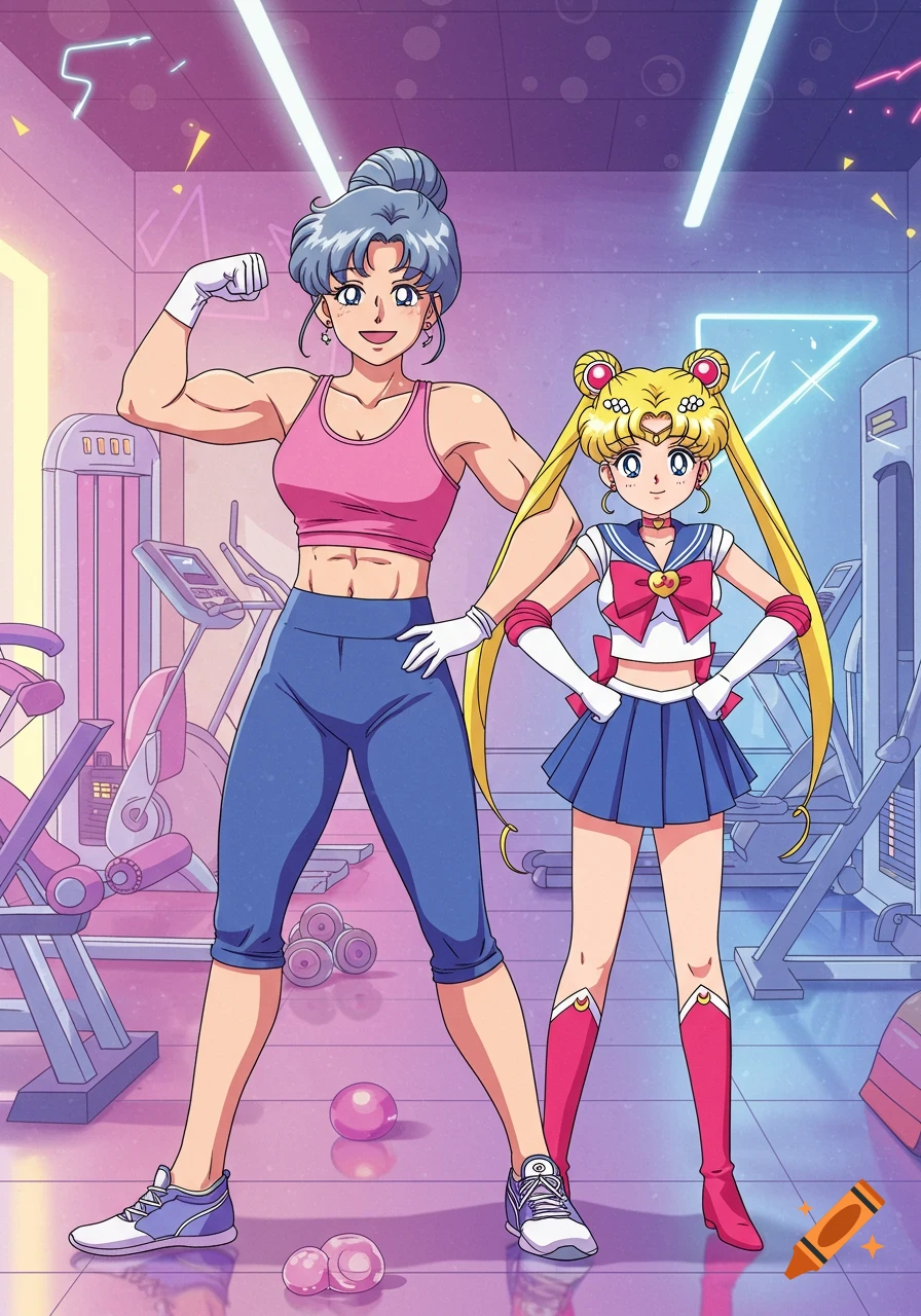 A muscular anime woman flexing her biceps next to Sailor Moon in a gym ...