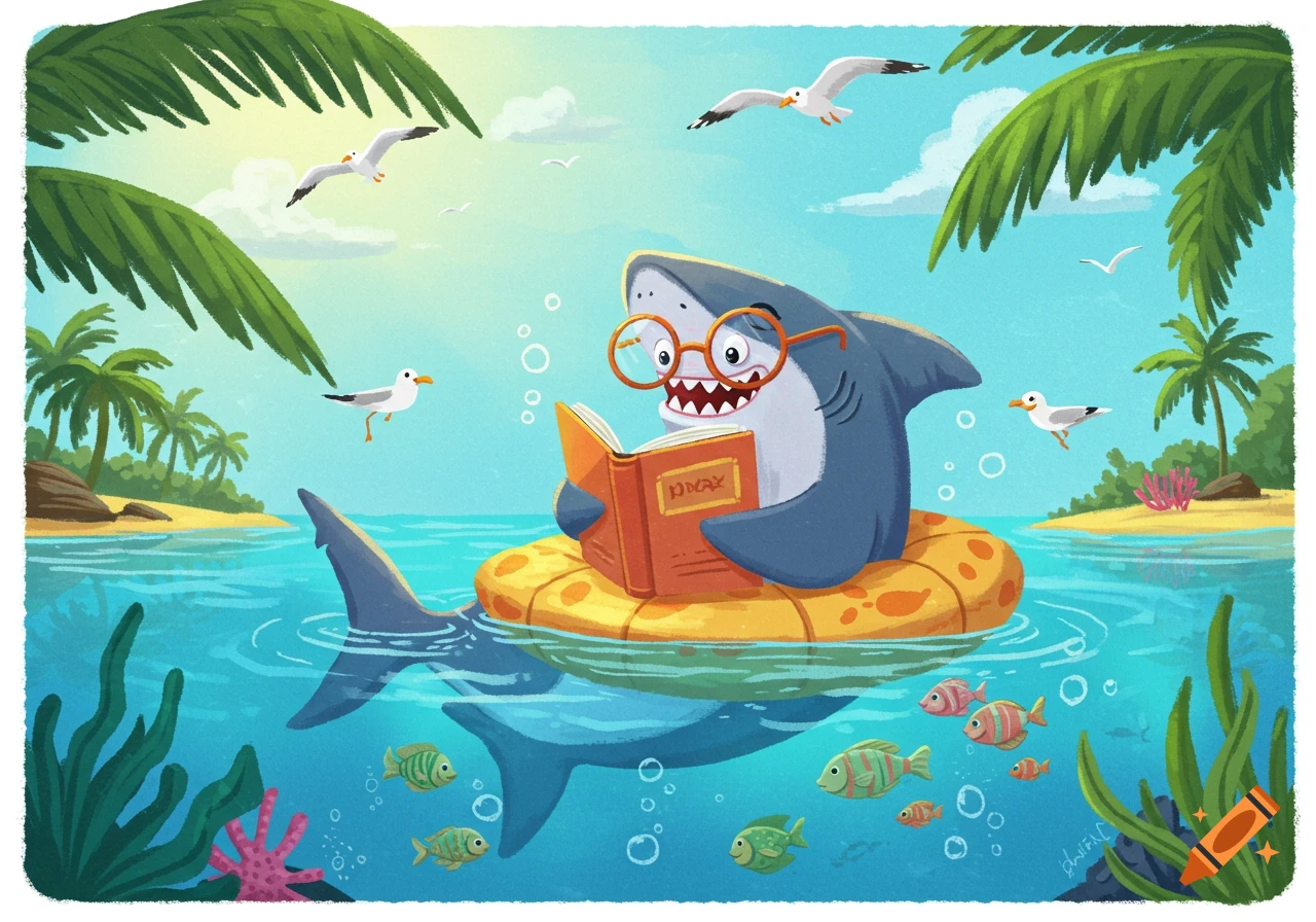 A cartoon shark in glasses floats on an inner tube, reading a book in a tropical ocean scene ...