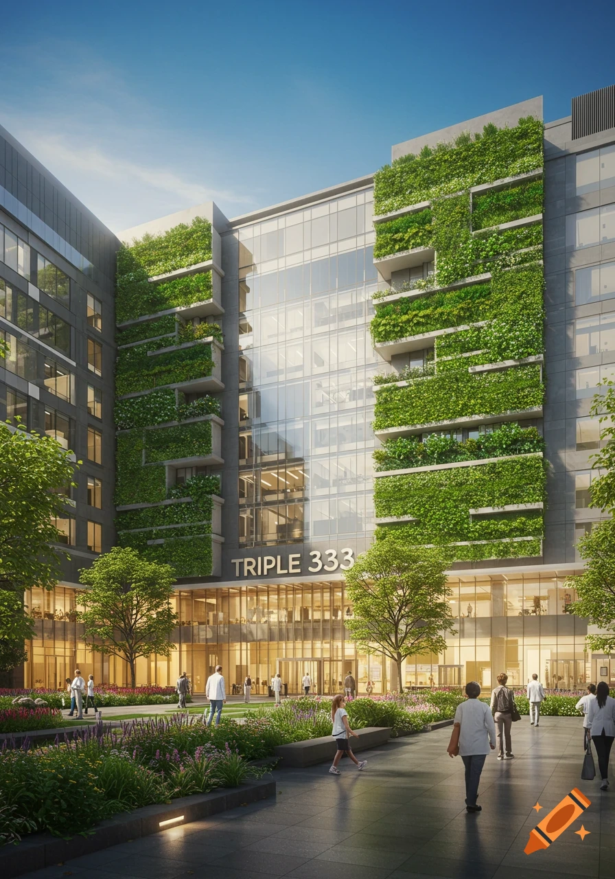 A modern, multi-story office building with a gray facade and large ...