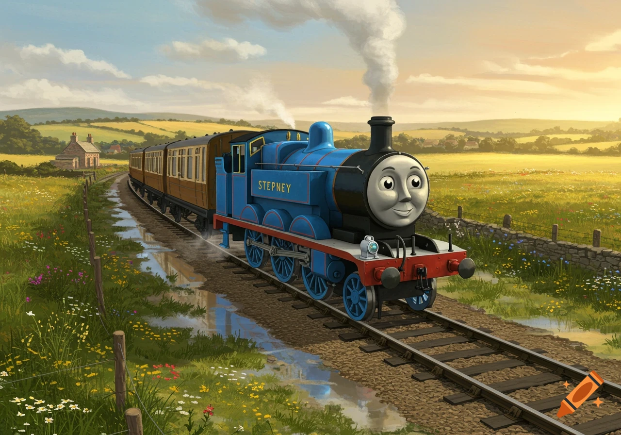 A whimsical cartoon illustration of a long meal train carrying food and ...