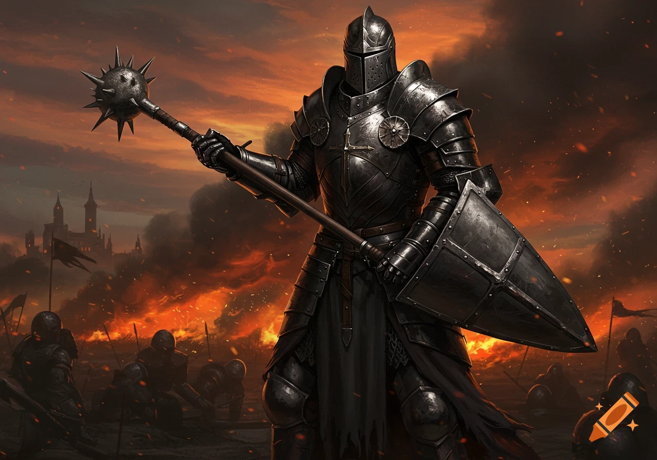 A knight in black armor and full helmet holds a morning star and shield ...