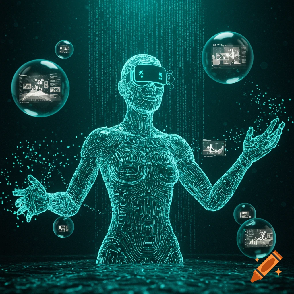 A glowing teal humanoid figure made of circuitry wears a VR headset ...