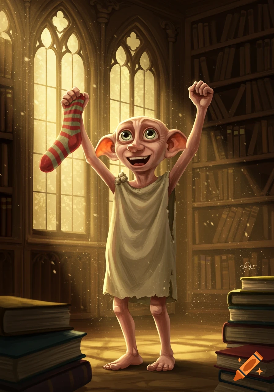 Dobby the house-elf triumphantly raises a red and green striped sock in ...