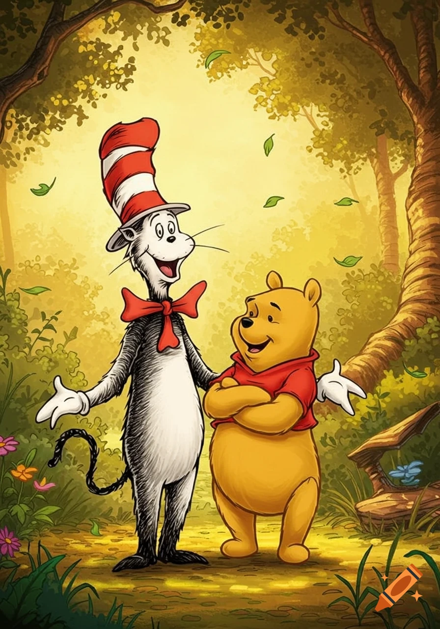 The Cat in the Hat and Winnie the Pooh stand smiling in a sunny, green ...