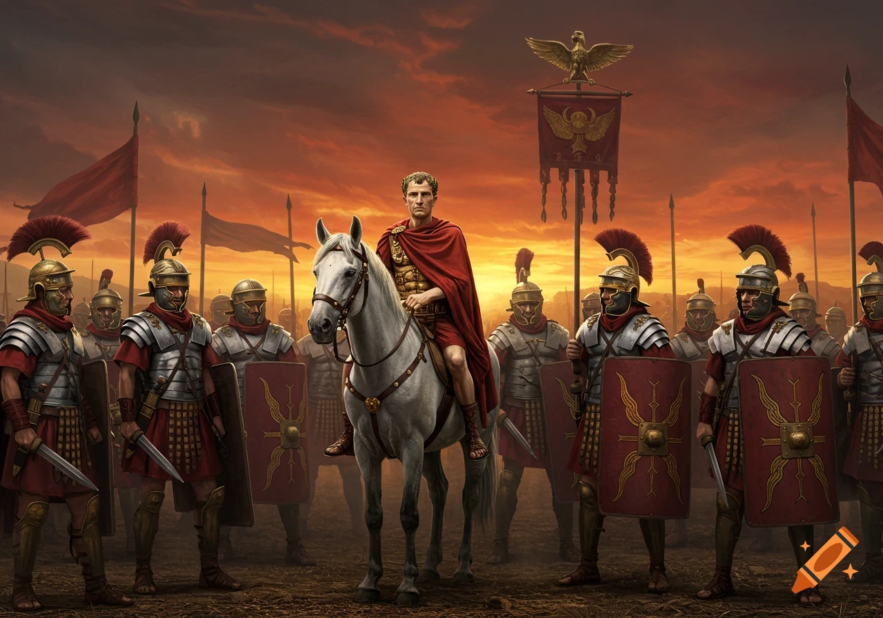 Julius Caesar on a white horse leads Roman soldiers with shields and ...