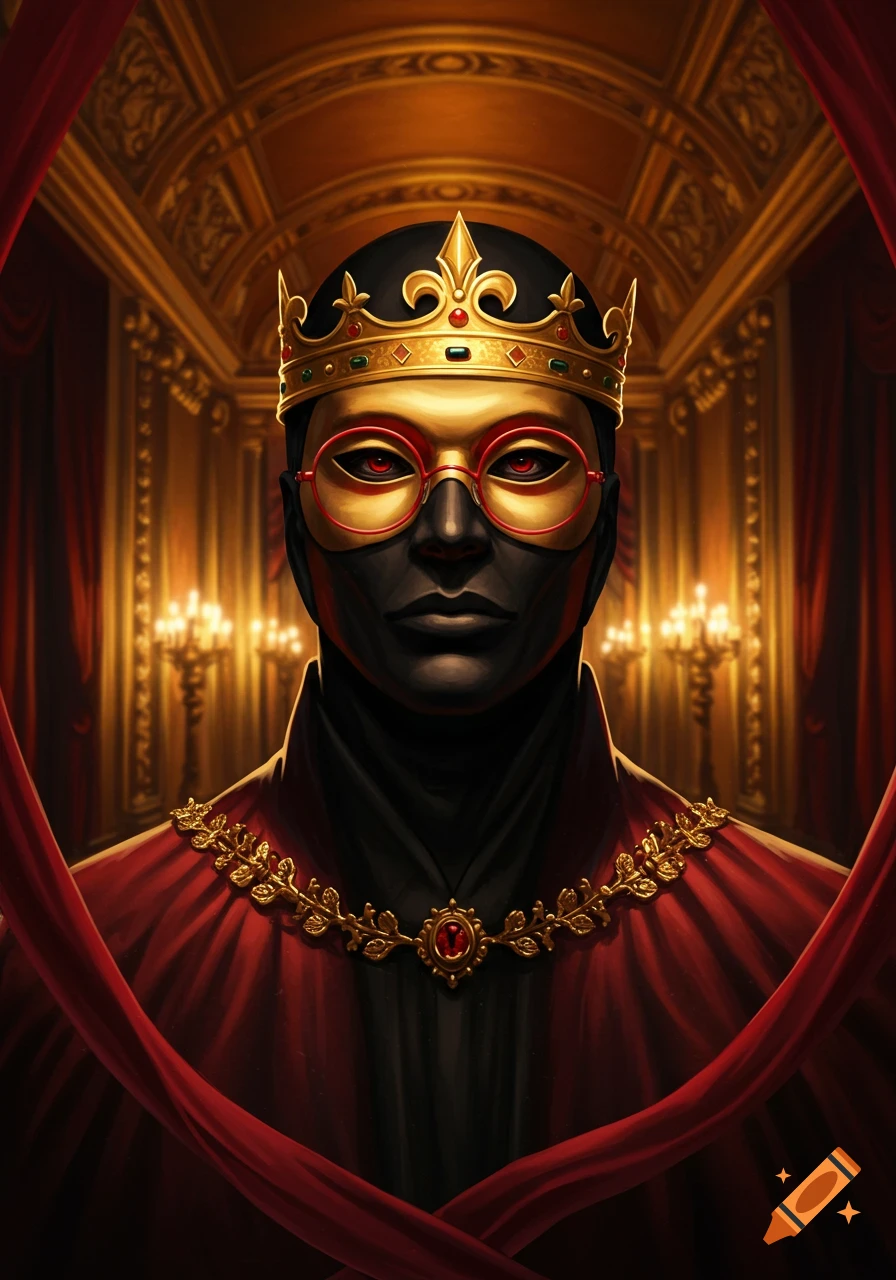 A regal red and gold crown adorned with jewels rests on a pedestal ...