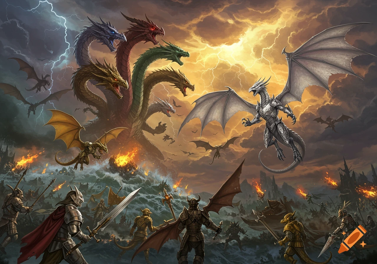 Classic painting of a warrior fighting a dragon on Craiyon