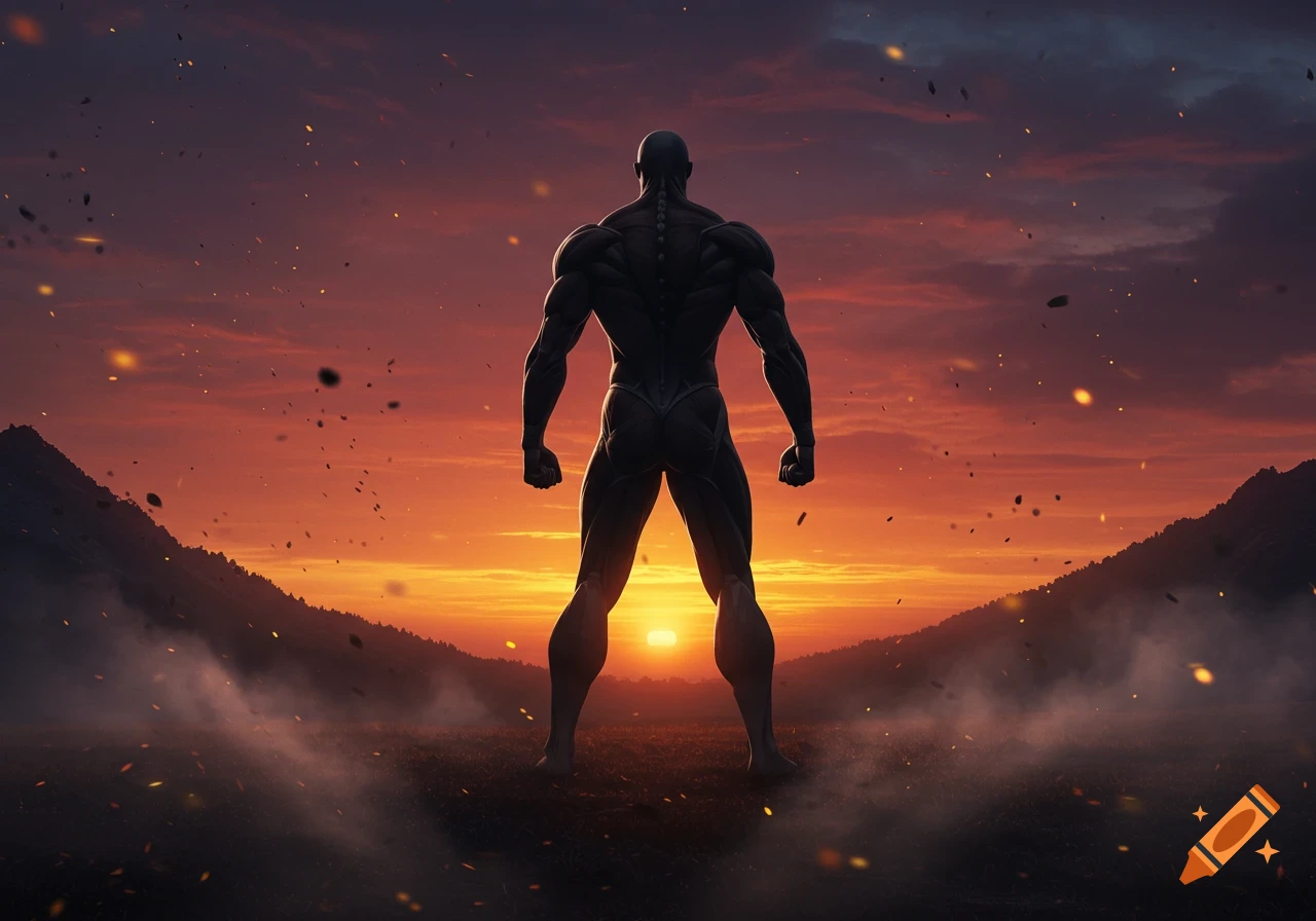 A silhouetted figure lifts an anvil overhead, standing amidst a burst ...