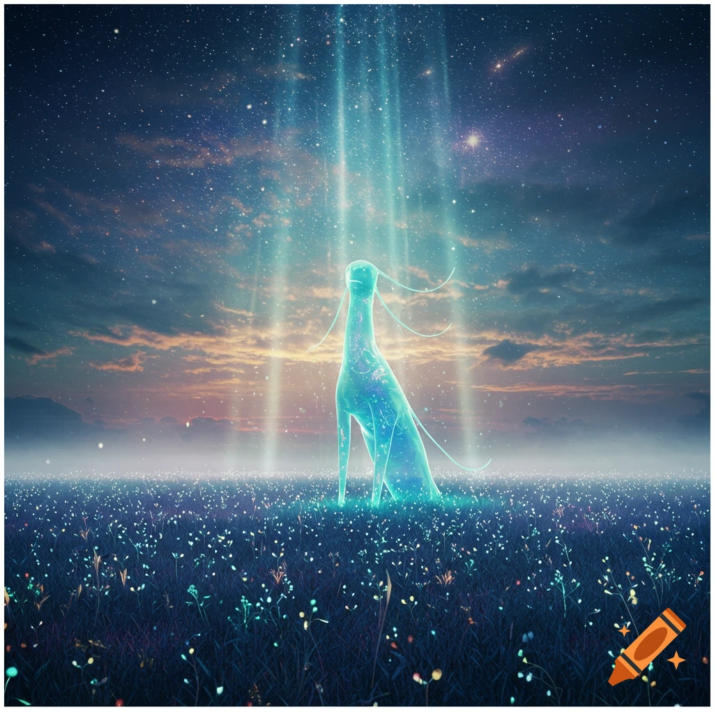 A glowing, ethereal creature stands in a field of luminous plants under ...