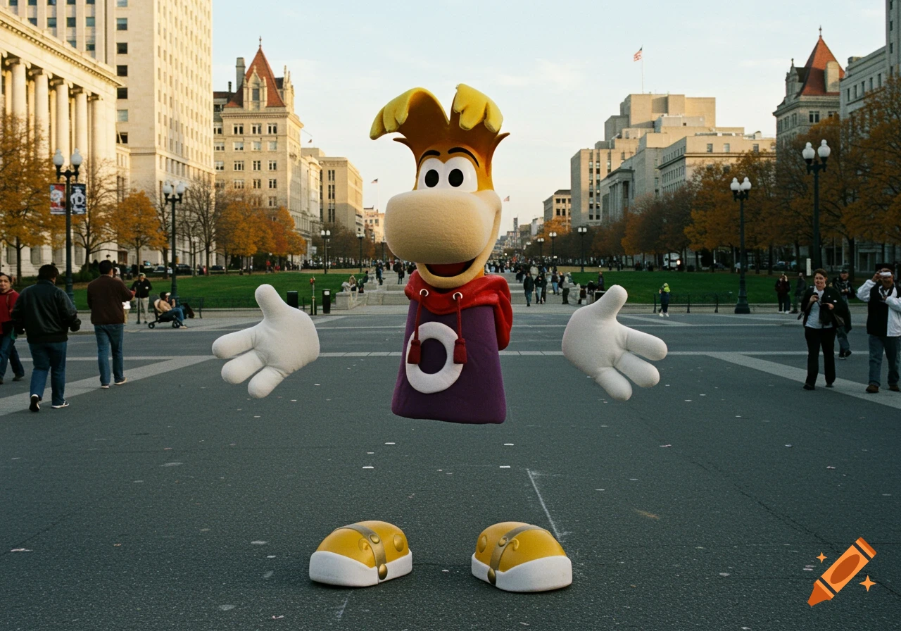 The Rayman video game character, with his floating body parts, stands ...