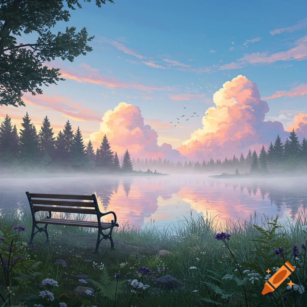 A serene landscape at sunrise or sunset, with a wooden bench overlooking a misty lake reflecting ...