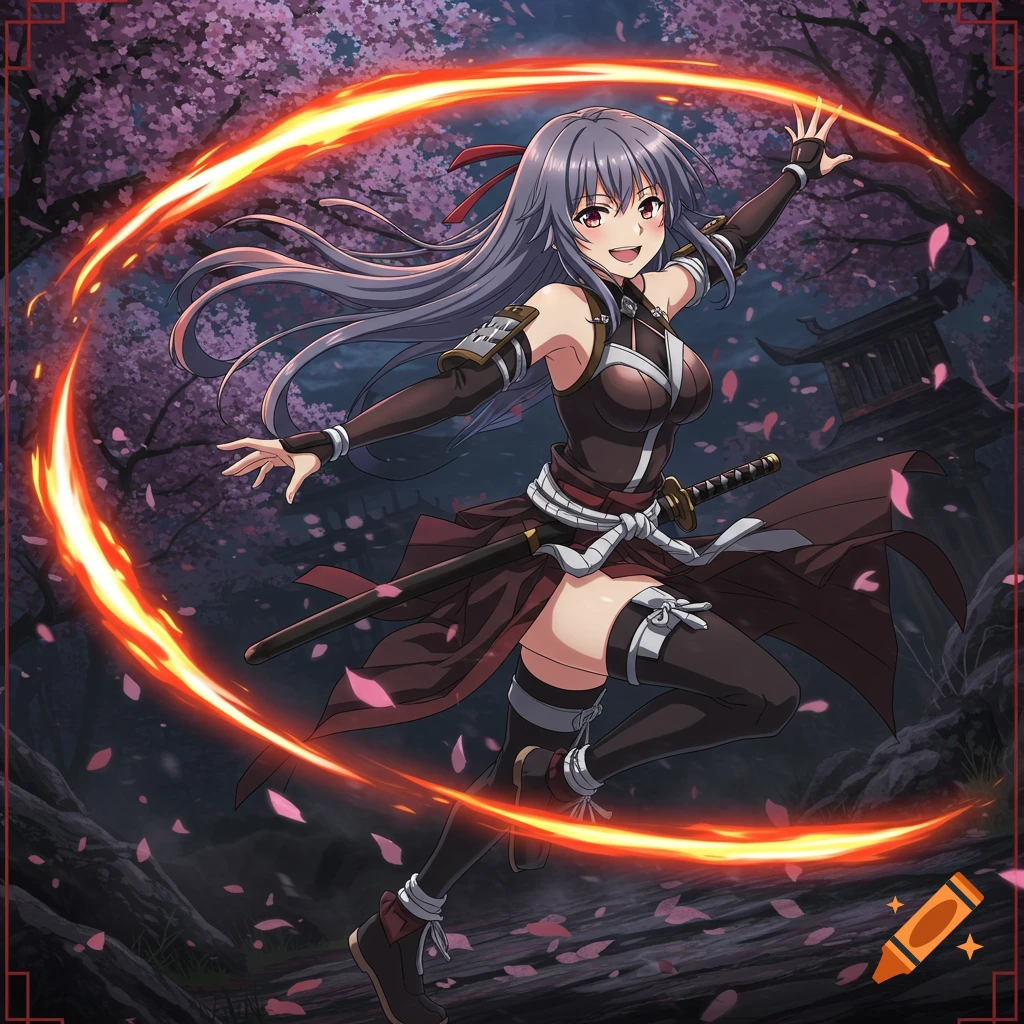 Anime girl in a ninja outfit wielding a glowing katana-like arc in a ...