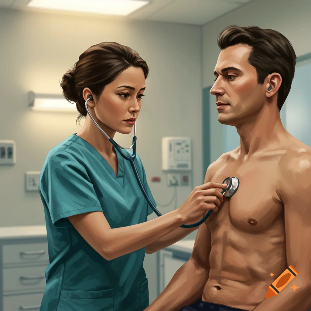 A nurse in scrubs uses a stethoscope to examine a shirtless man in a doctor's office. Digital ...