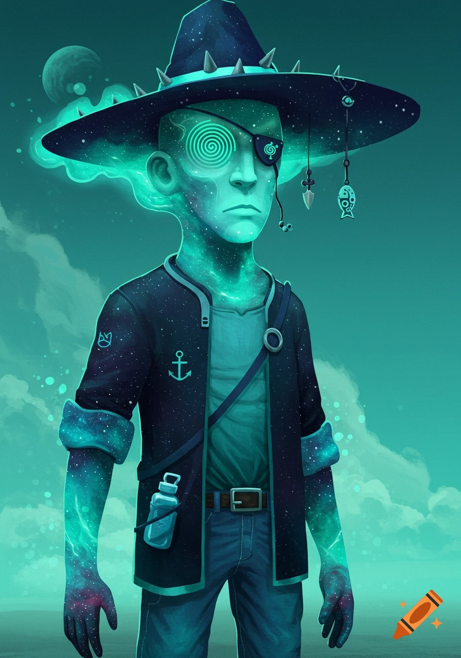 An illustrated character with space-filled skin and arms, a glowing ...