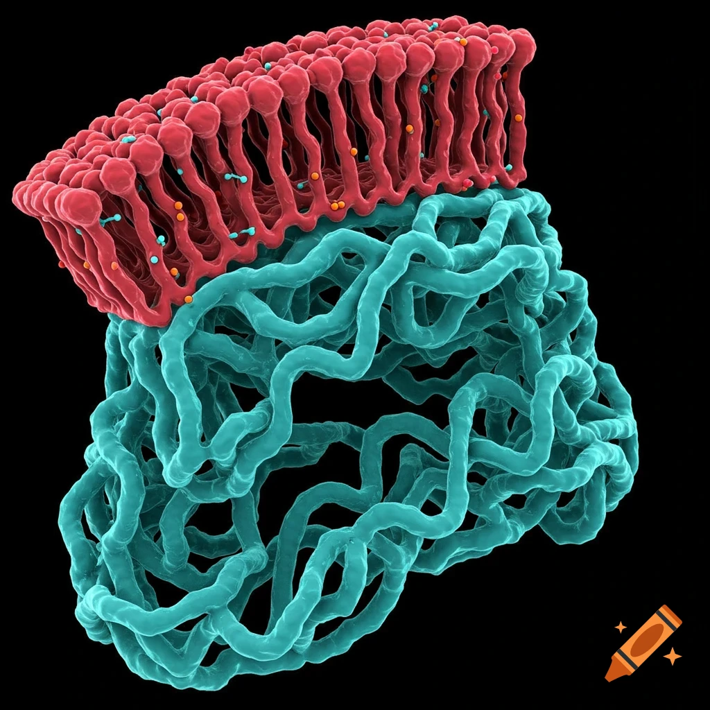 3D rendering of a red plasma membrane interacting with a teal ...