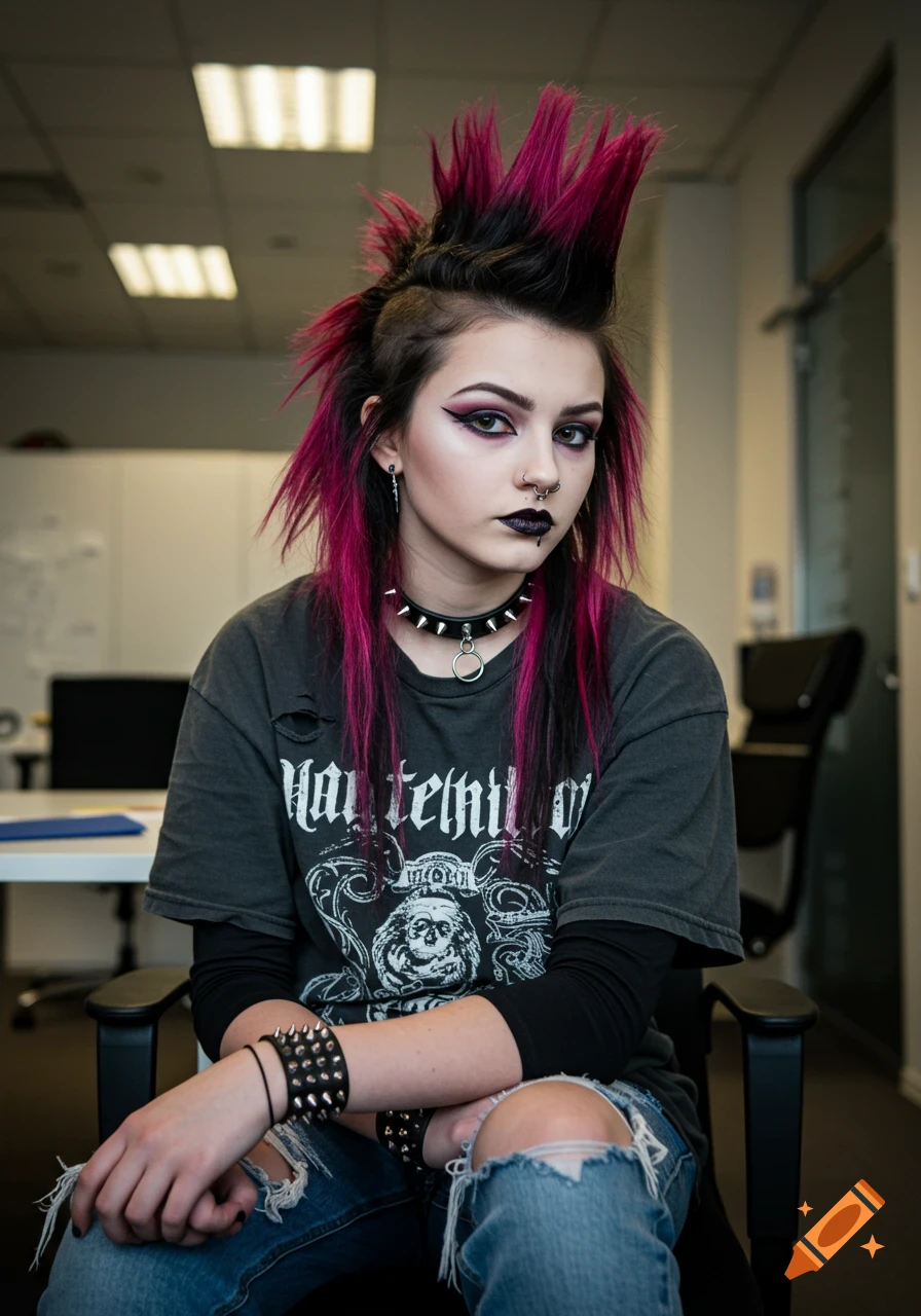 A photorealistic portrait of a punk girl with pink and black mohawk ...