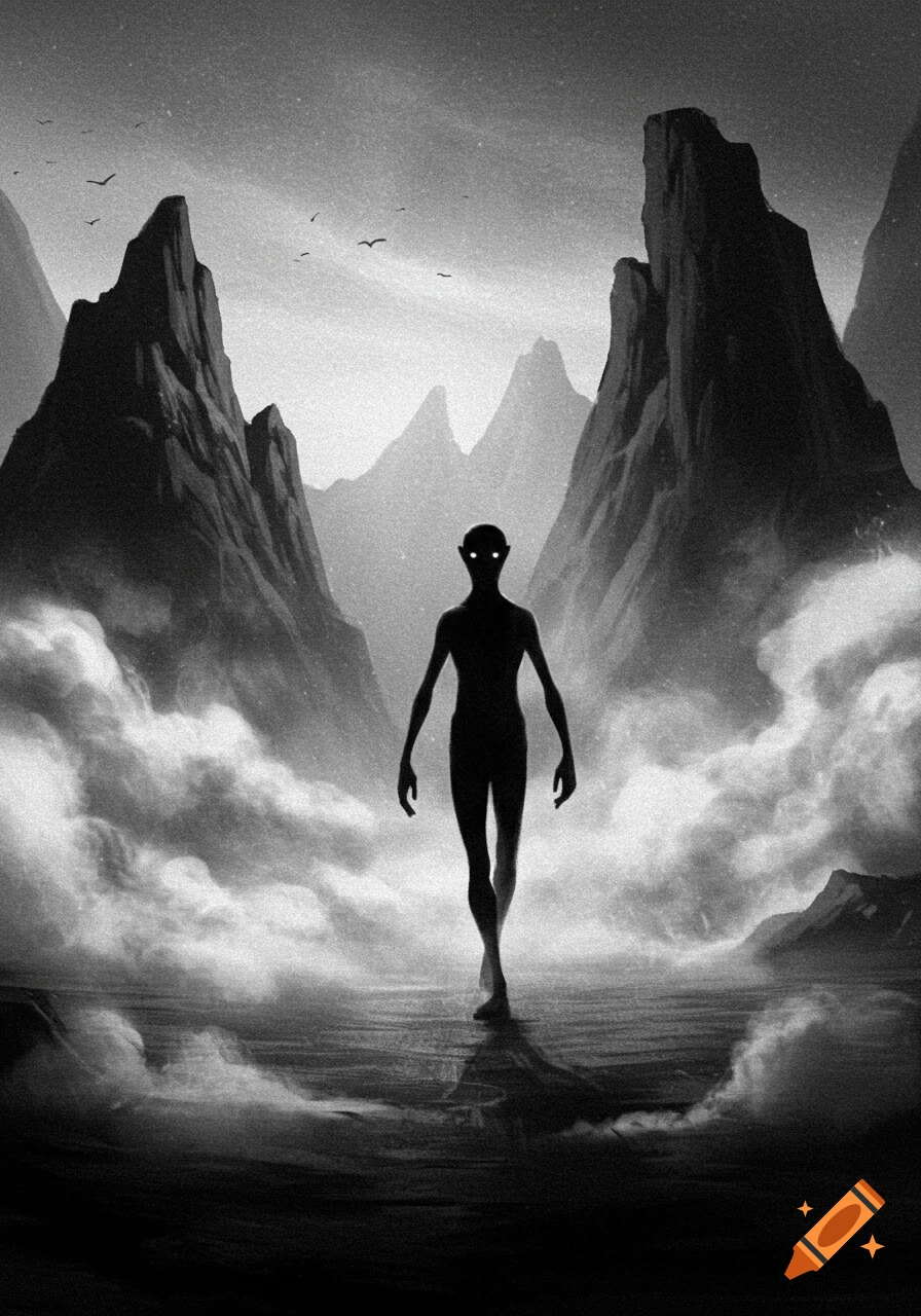 A grainy, monochrome charcoal sketch showing a shadowy figure with ...