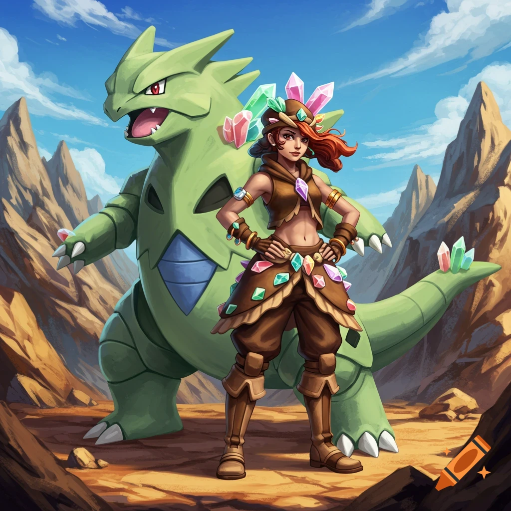 An anime-style female Pokémon trainer stands with her team of rock-type ...