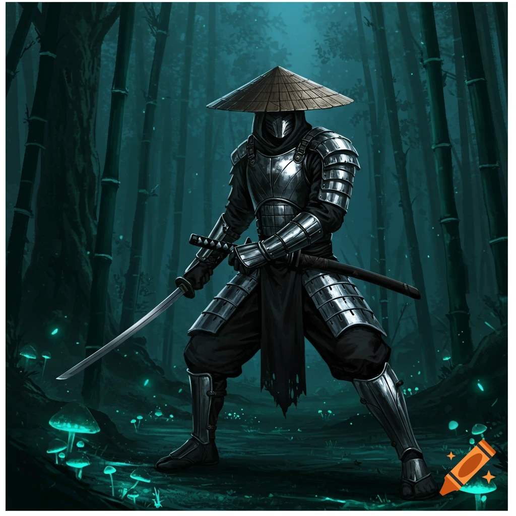 A heavily armored dwarf samurai with a braided beard and glowing eyes ...