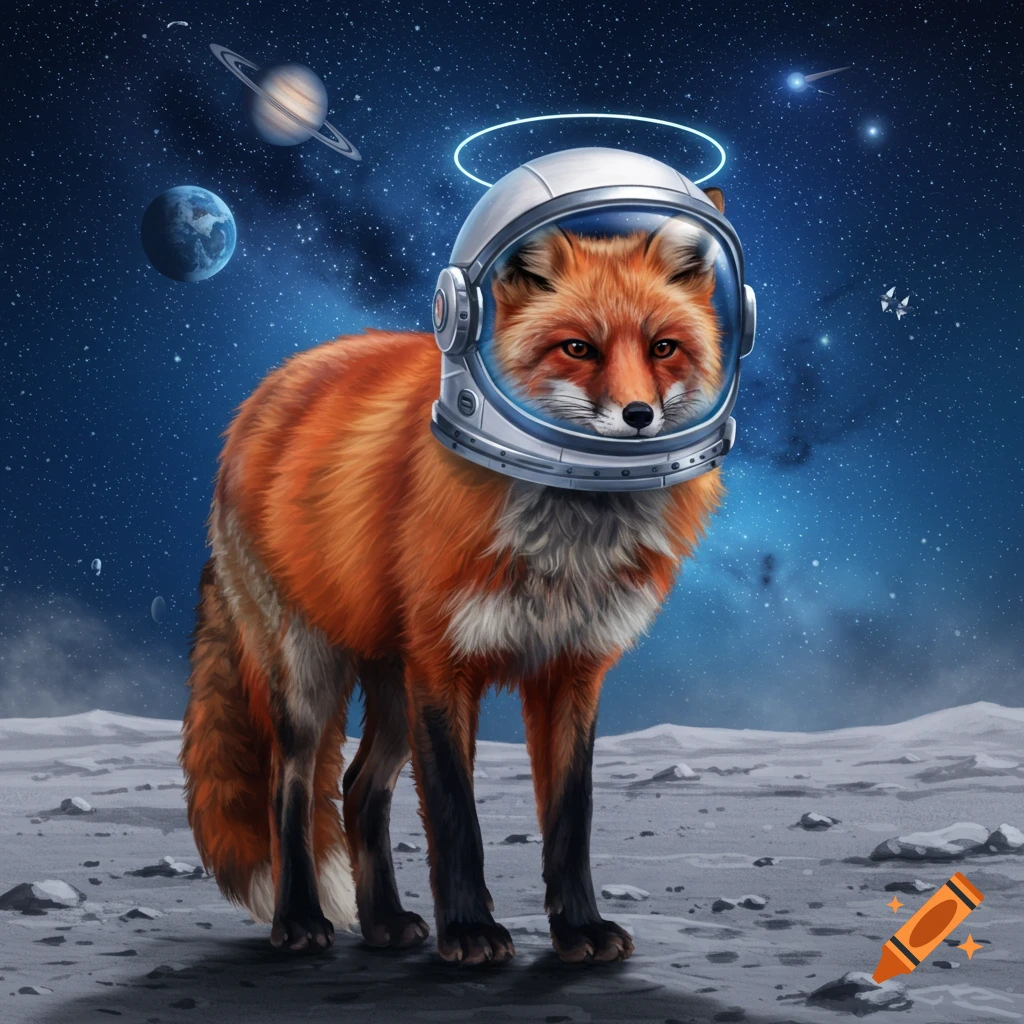 A cute pug dog in an astronaut suit stands on a rocky moon surface with ...