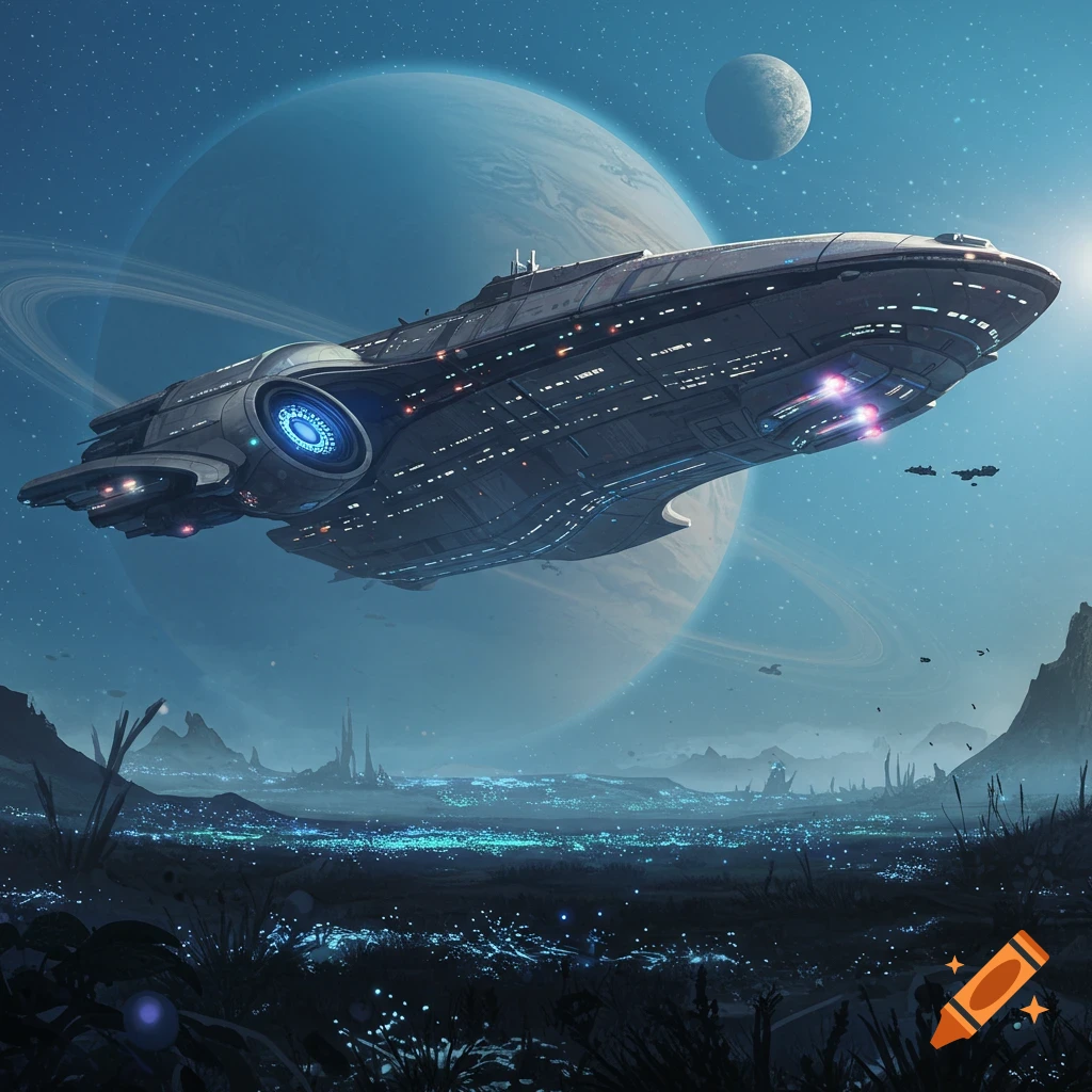 Futuristic space sailing ship between interstellar planets and stars on ...