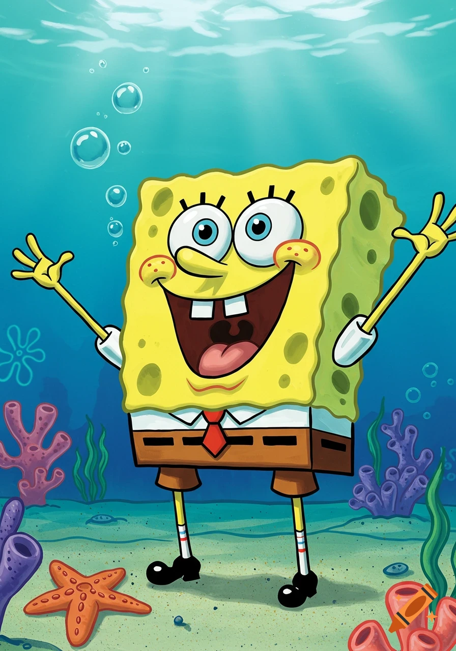 Spongebob Squarepants happily holds a peeled banana underwater amidst ...