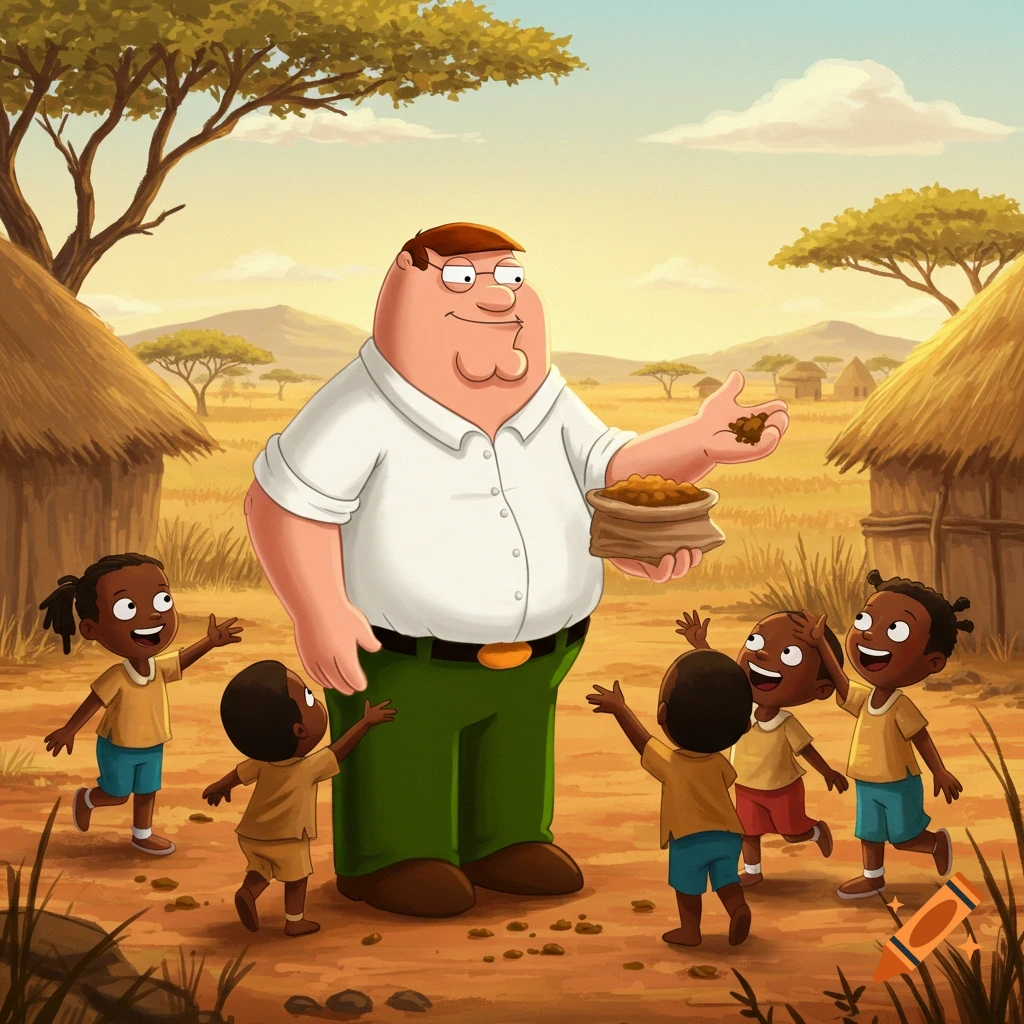 Cartoon of Peter Griffin giving food to smiling African children in a ...