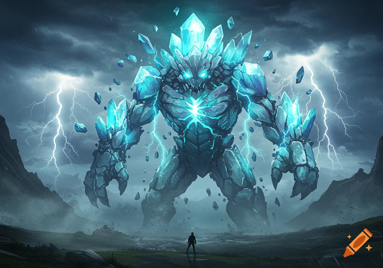 A massive, glowing blue crystal monster stands under a stormy ...