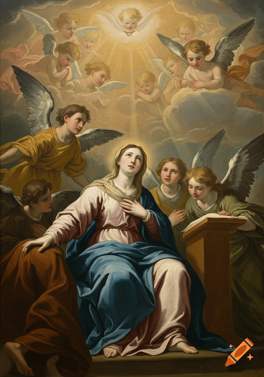 A classical painting depicting the Virgin Mary looking up to heaven ...
