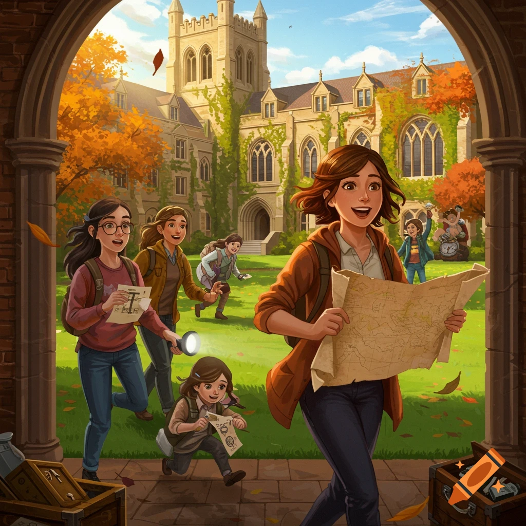 Illustrated scene of joyful young people treasure hunting with maps and ...