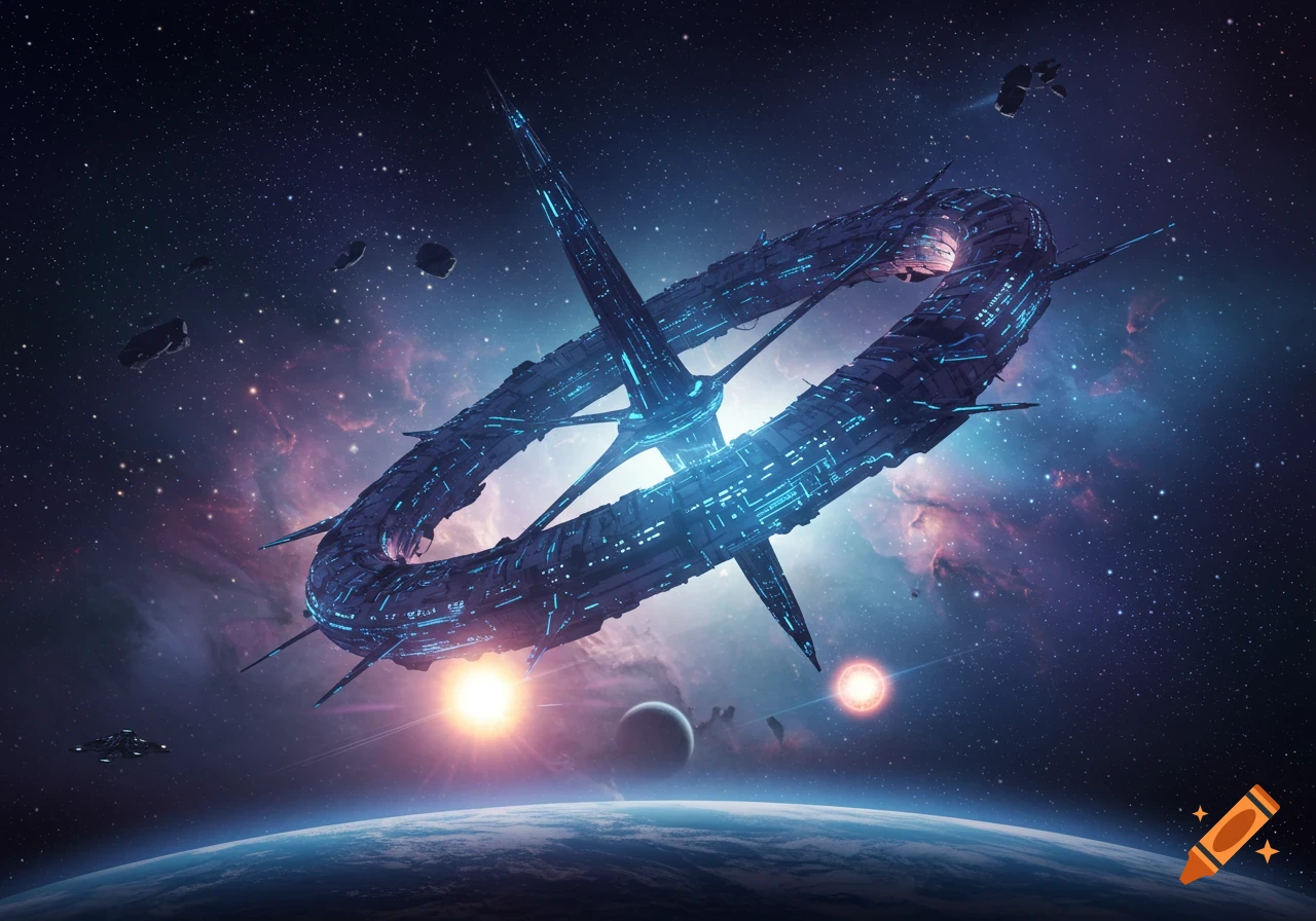 A detailed futuristic space station with ships and asteroids orbits a ...