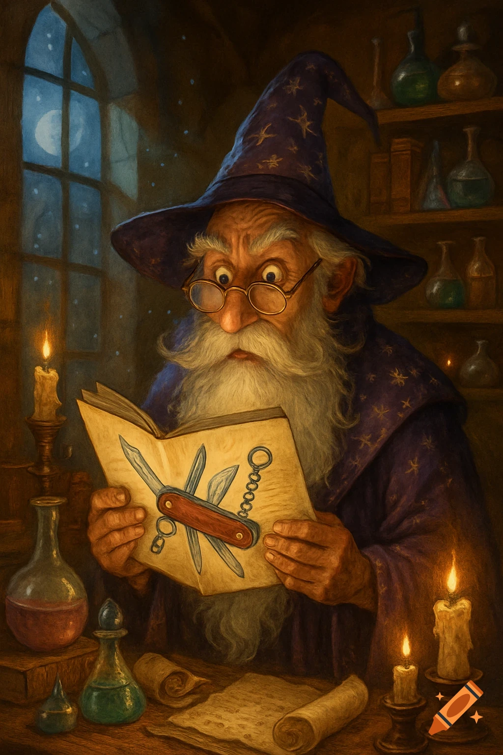 A confused wizard with a long white beard and a purple hat reads an ...