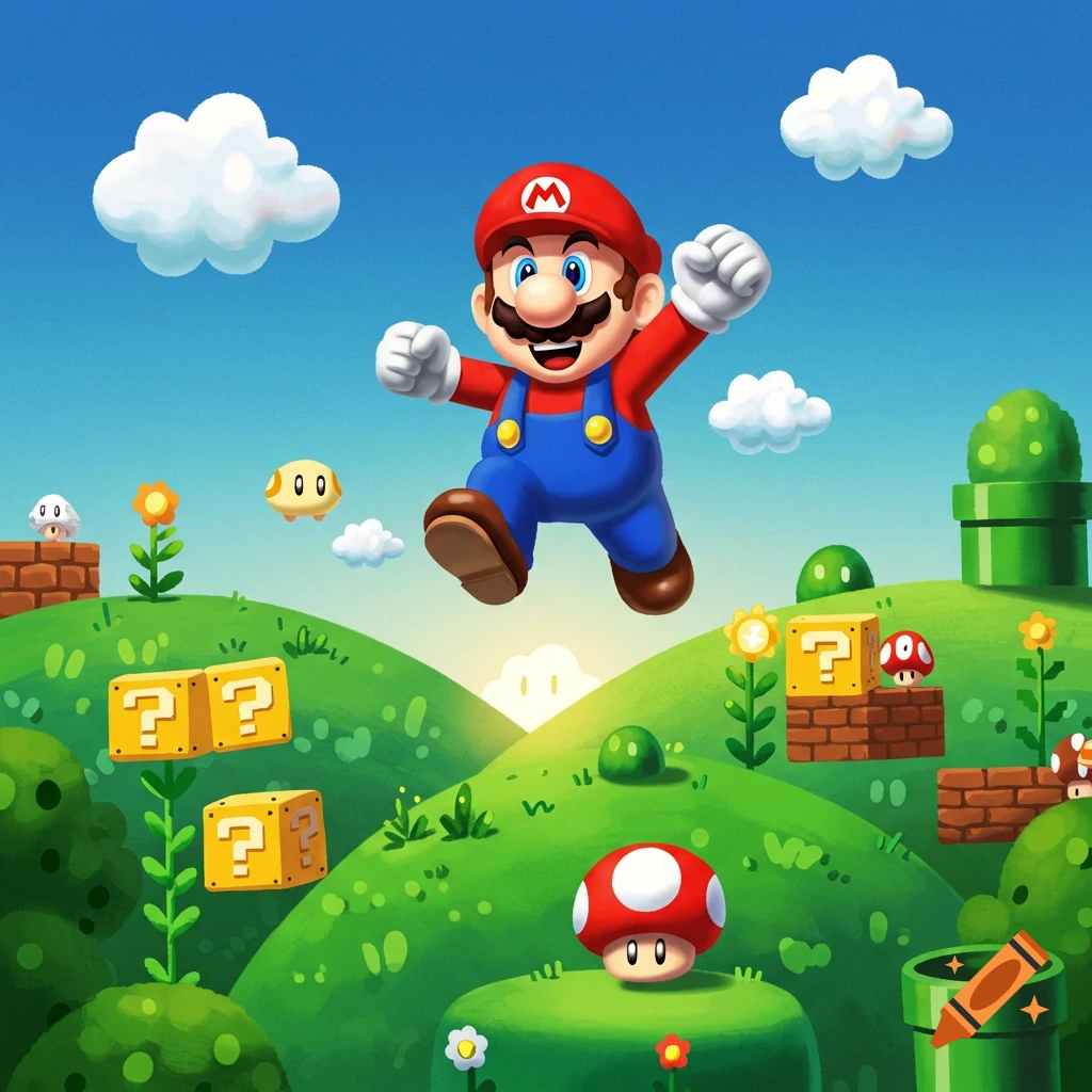Cartoon Mario and Luigi jumping with coins, mushrooms, and question ...