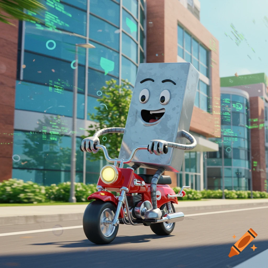 A happy, rectangular cartoon character with eyes and mouth rides a red ...