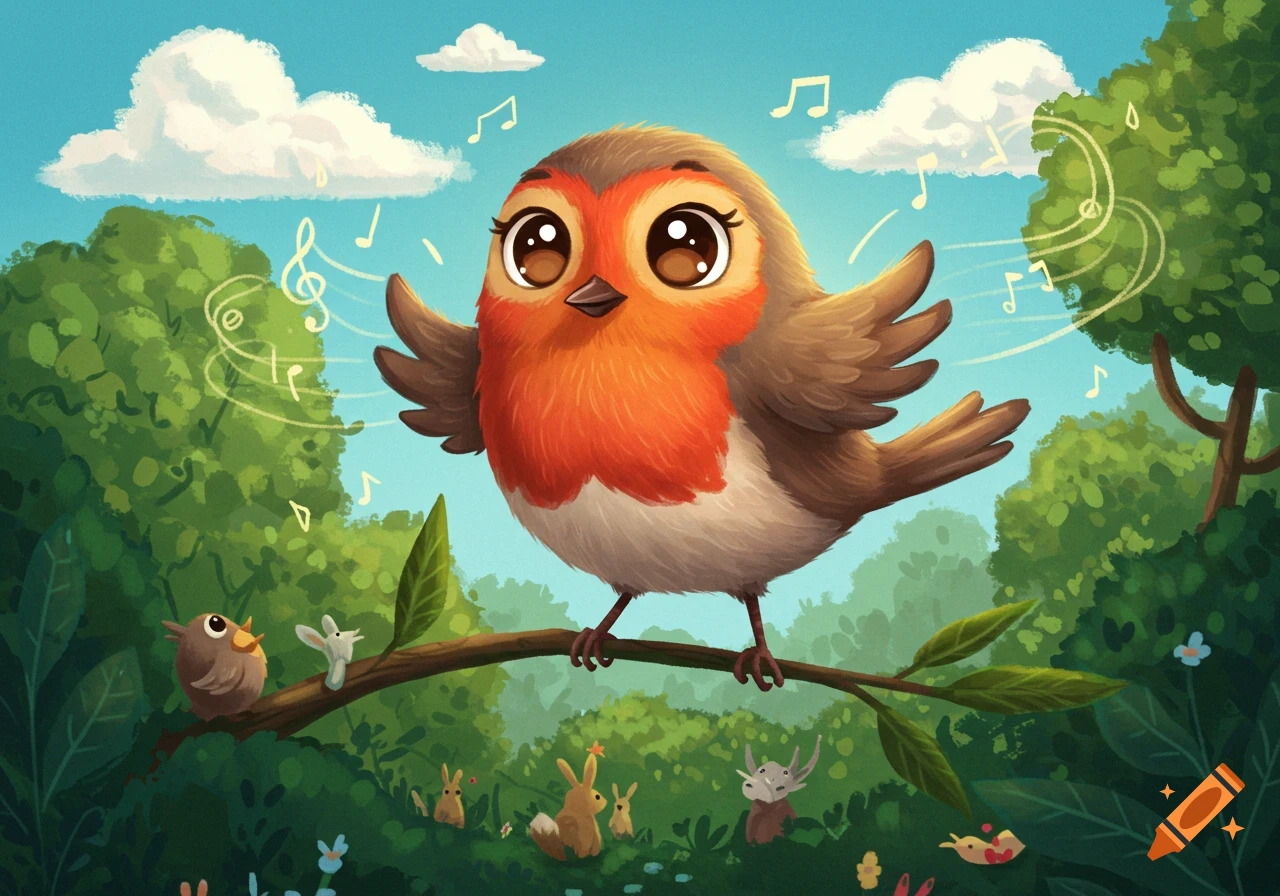 A cute cartoon robin with big eyes sings on a tree branch in a vibrant ...