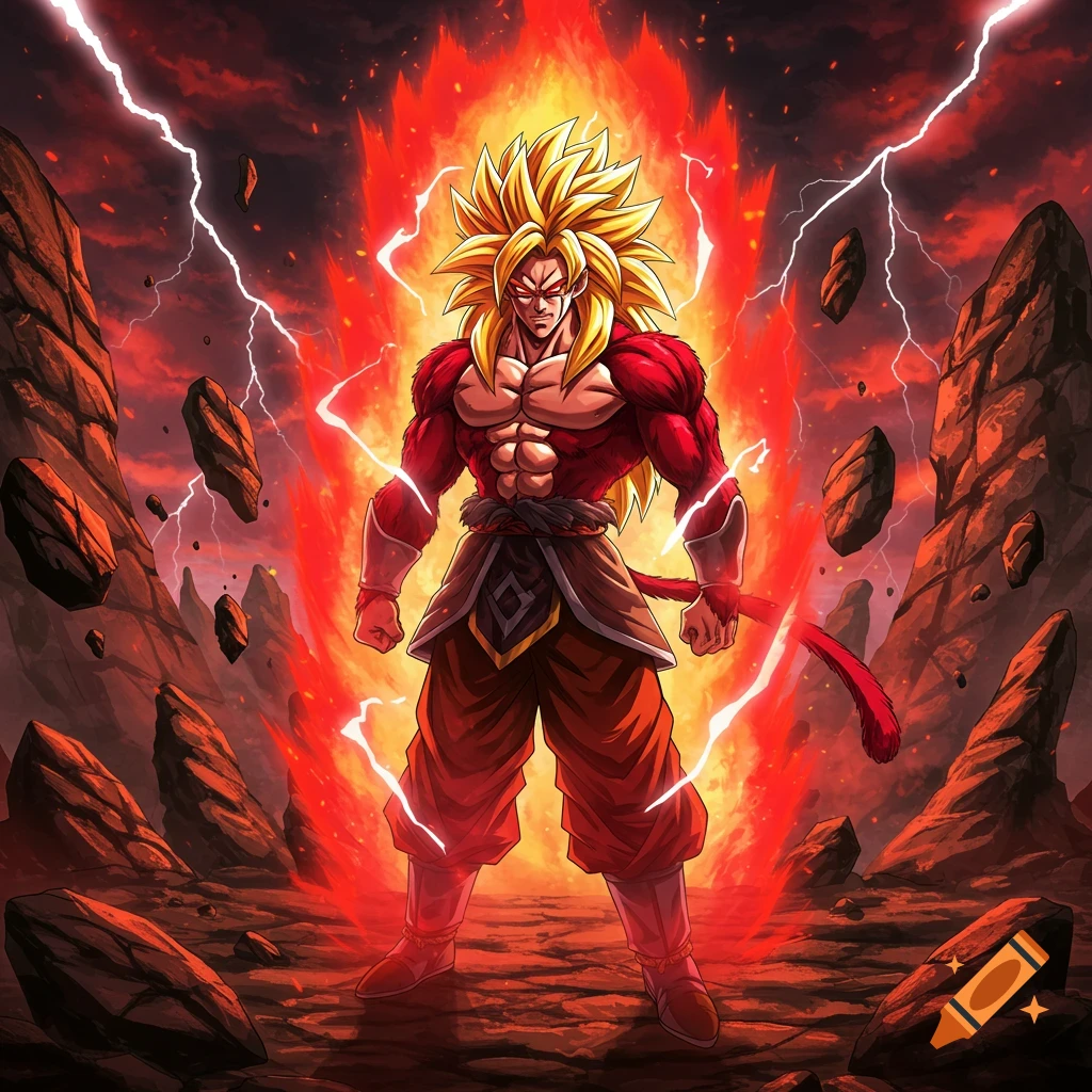 A powerful Super Saiyan 4 character stands in a fiery, rocky landscape ...