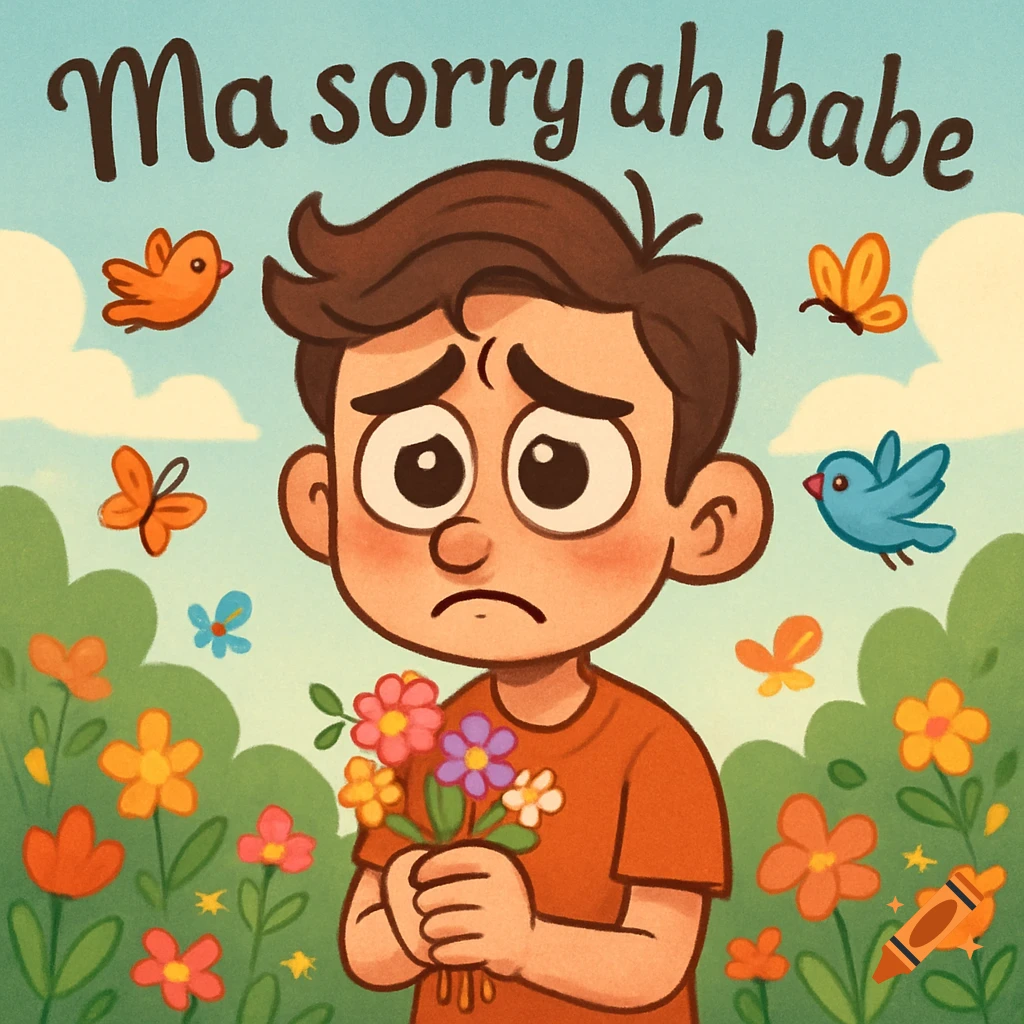 Sad cartoon boy holding flowers with text 'Ma sorry ah babe' amidst a ...