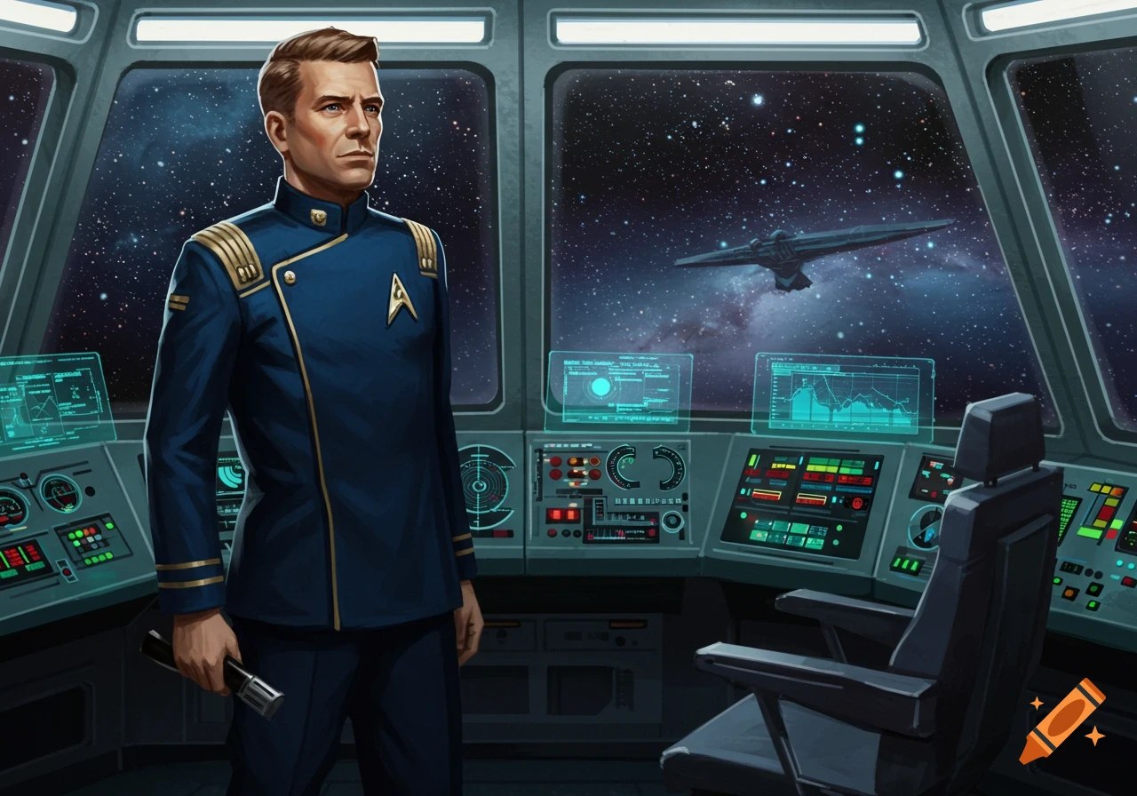 A retrofuture space officer in a blue uniform stands in a spaceship ...