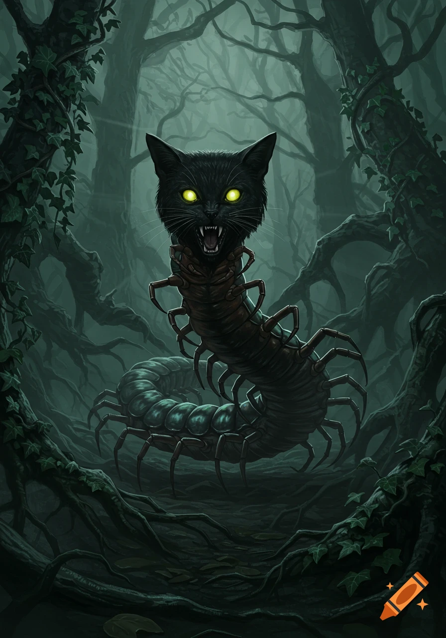 A black wolf with glowing yellow eyes in a dark, misty forest, digital ...