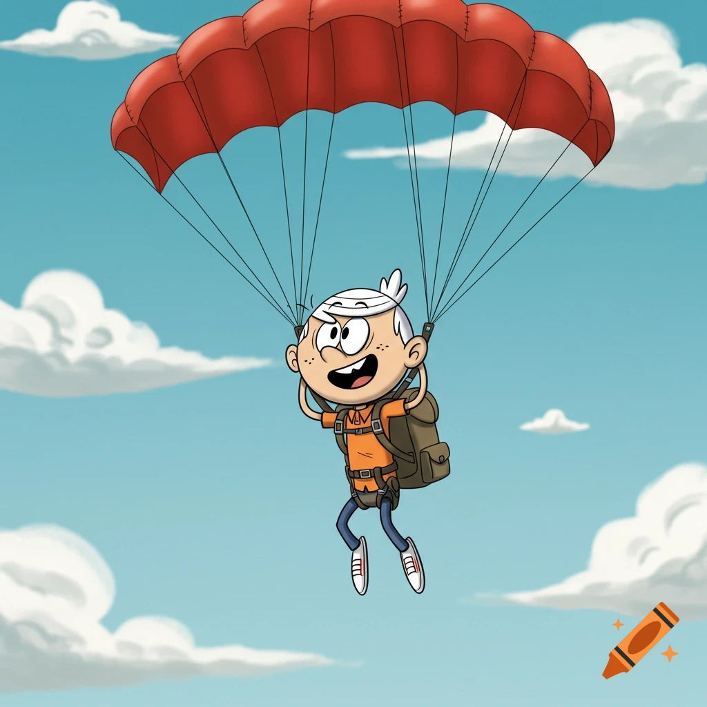 Cartoon character Lincoln Loud floats in the sky with a red parachute ...