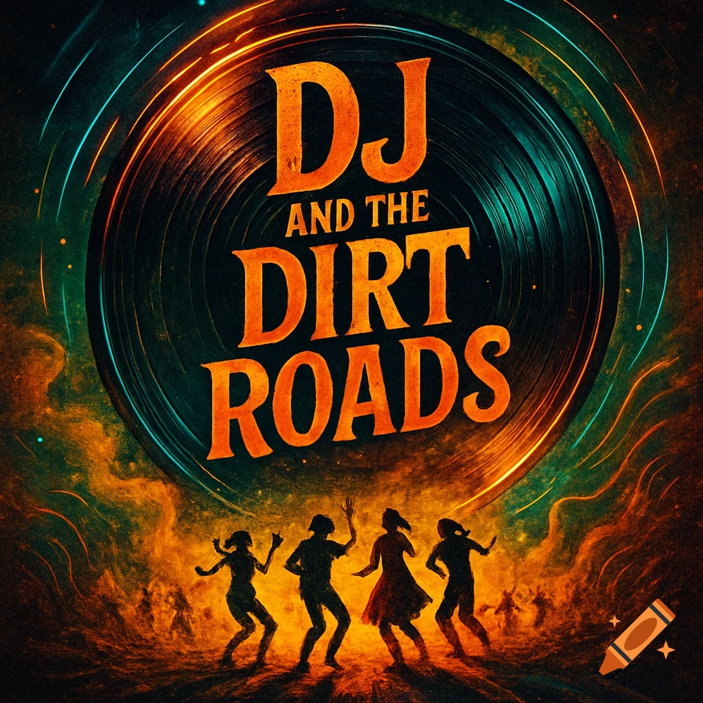 Energetic poster for 'DJ AND THE DIRT ROADS' with a large vinyl record ...