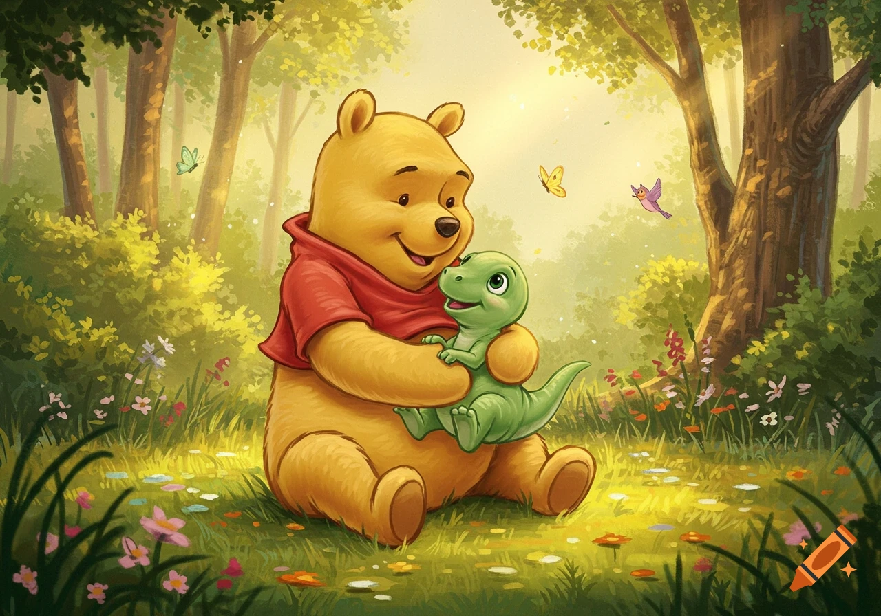 The Cat in the Hat and Winnie the Pooh stand smiling in a sunny, green ...