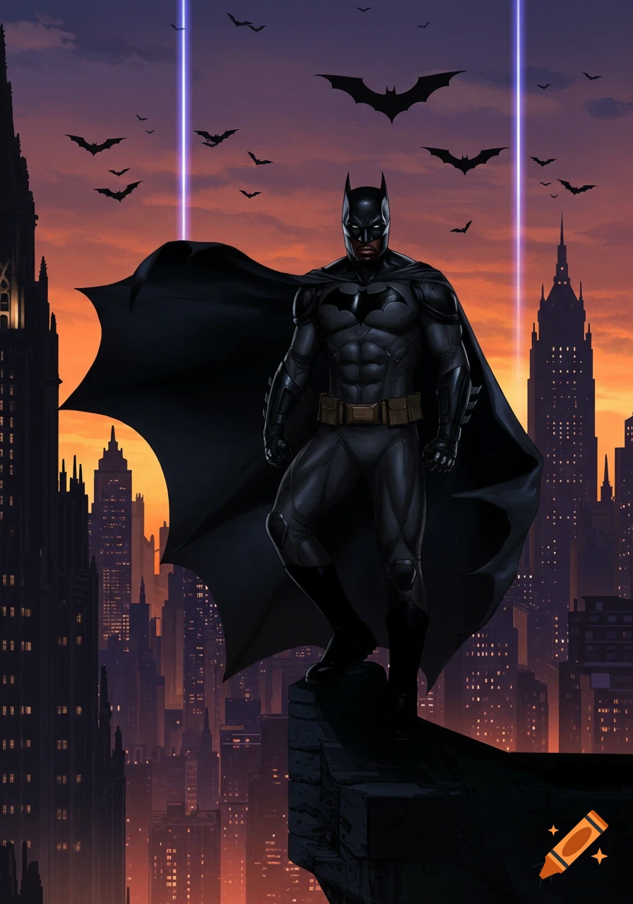 A chubby man in a gray and black Batman costume stands on a skyscraper ...