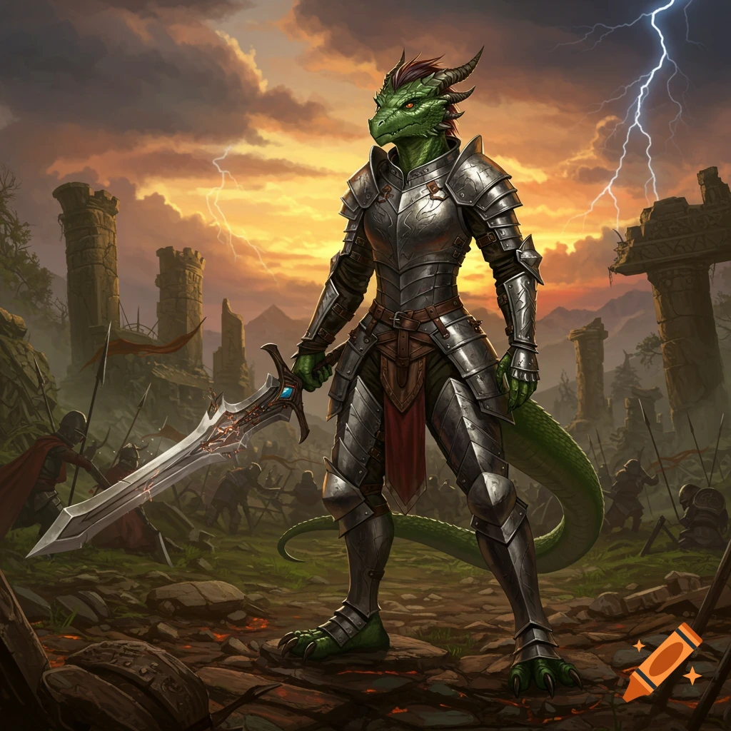 A menacing green goblin in snake-scale armor holds a dagger in a dark ...