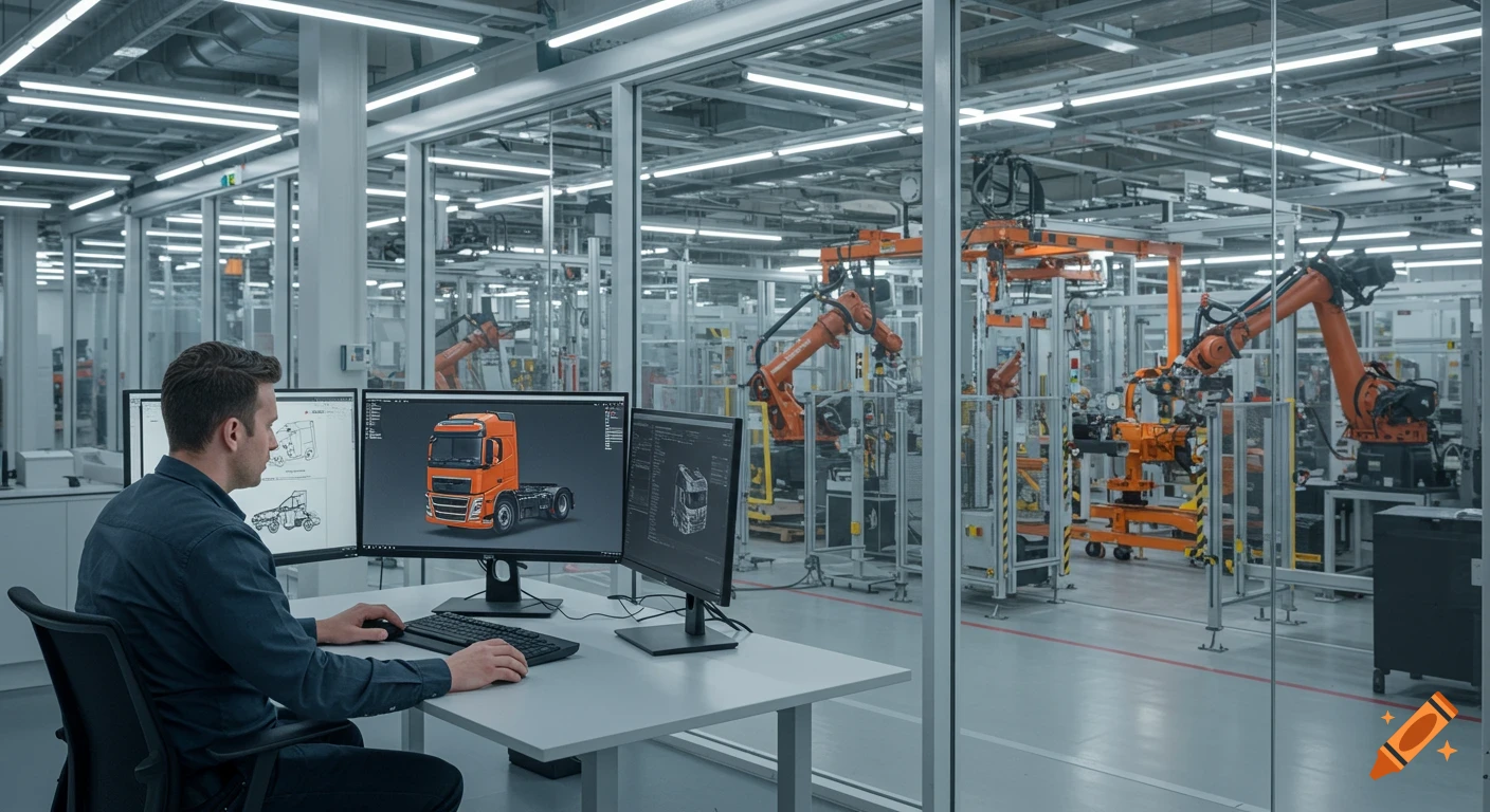 A modern industrial robotic assembly line features robotic arms above ...