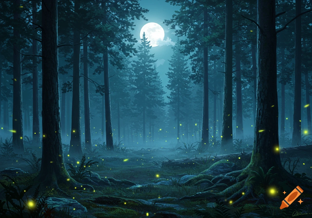A fantasy illustration of a mystical moonlit forest at night, with mossy trees and glowing ...