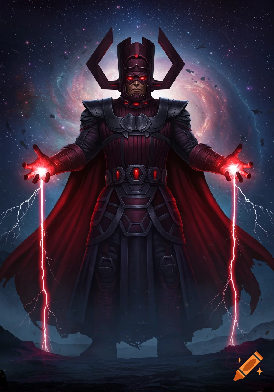 A powerful cosmic being resembling Galactus in dark red and black armor ...
