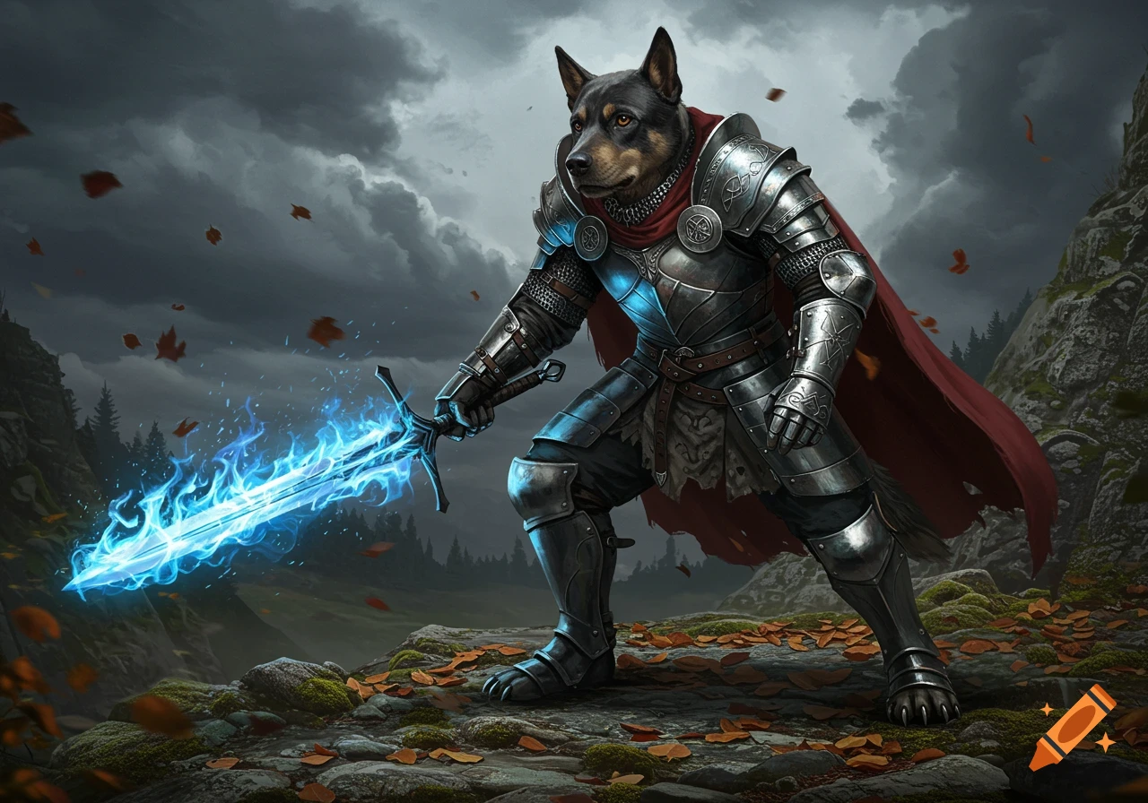 A large, armored humanoid wolf stands in a mystical, foggy forest under ...