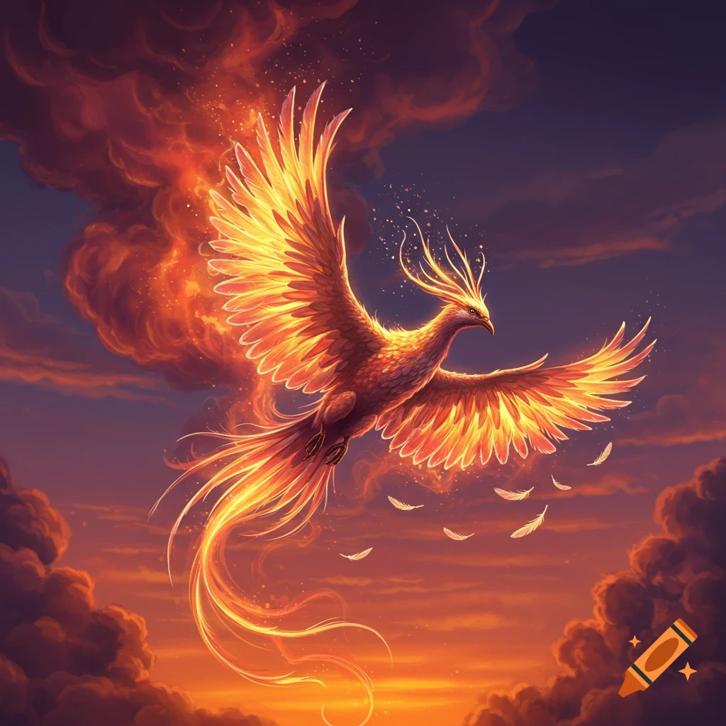 Majestic golden phoenix soars over a lake with mandarin ducks and lotus ...